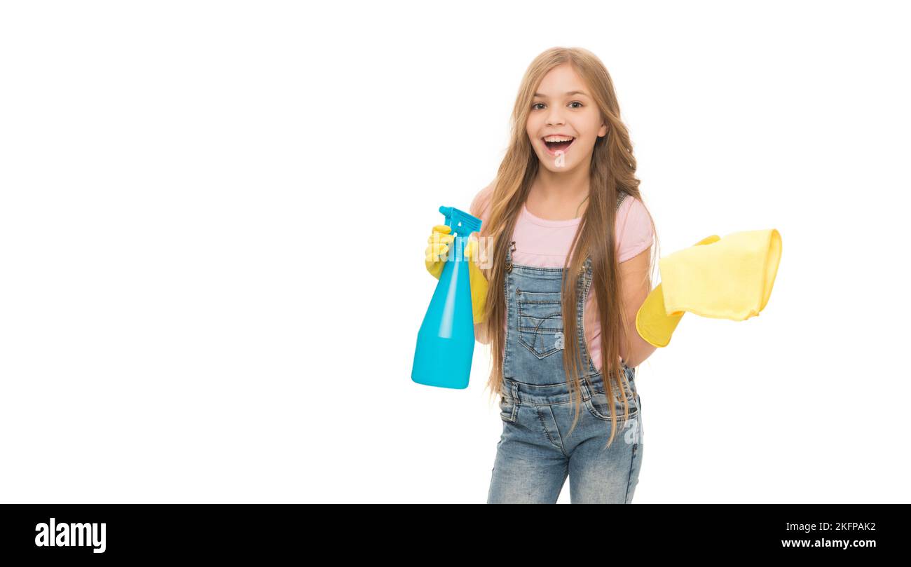 happy teen girl cleaner in cleaning gloves isolated on white. cleaner ...