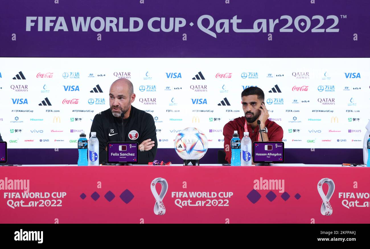 Doha, Qatar. 19th Nov, 2022. Qatar's head coach Felix Sanchez (L) and ...