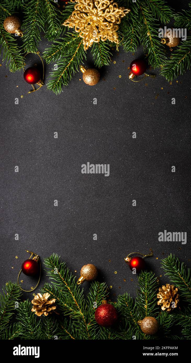 Christmas flat lay background with holiday decorations on black Stock ...