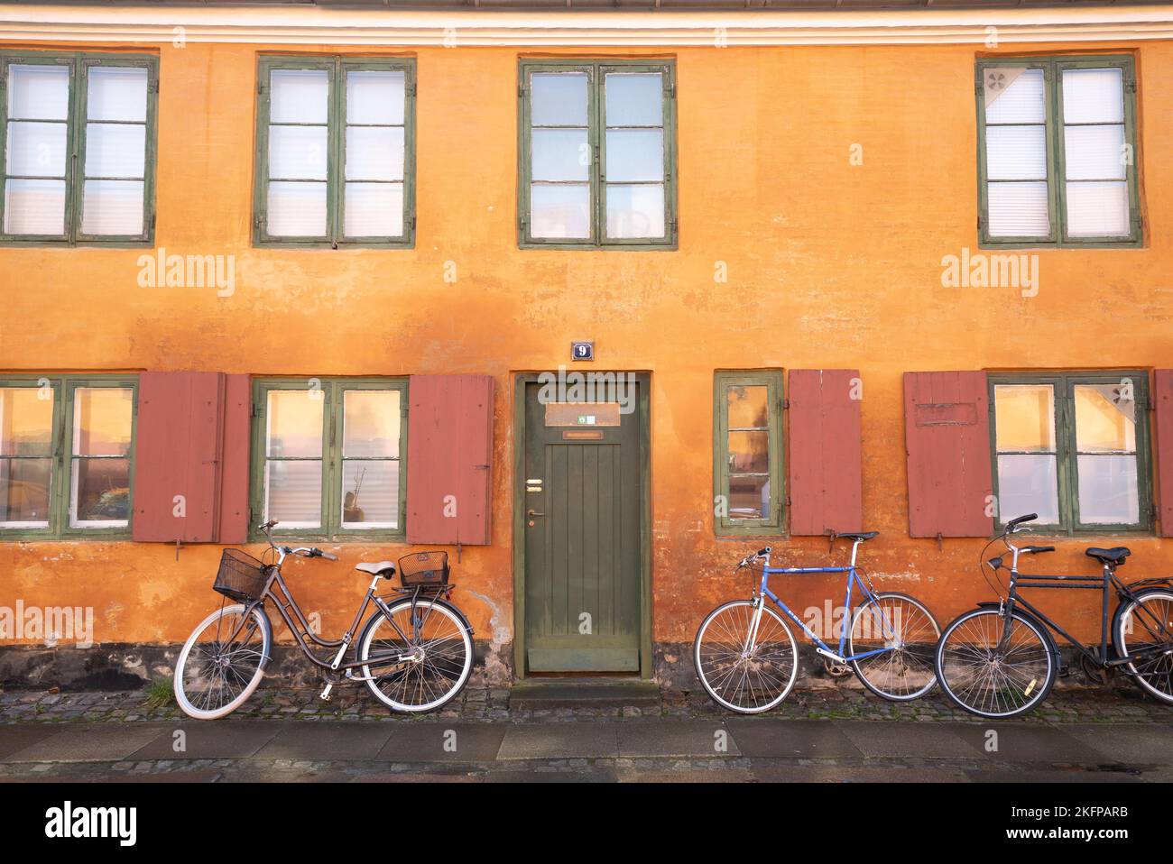 Bicycles outside a house in Nyboder, a historic row house district of ...