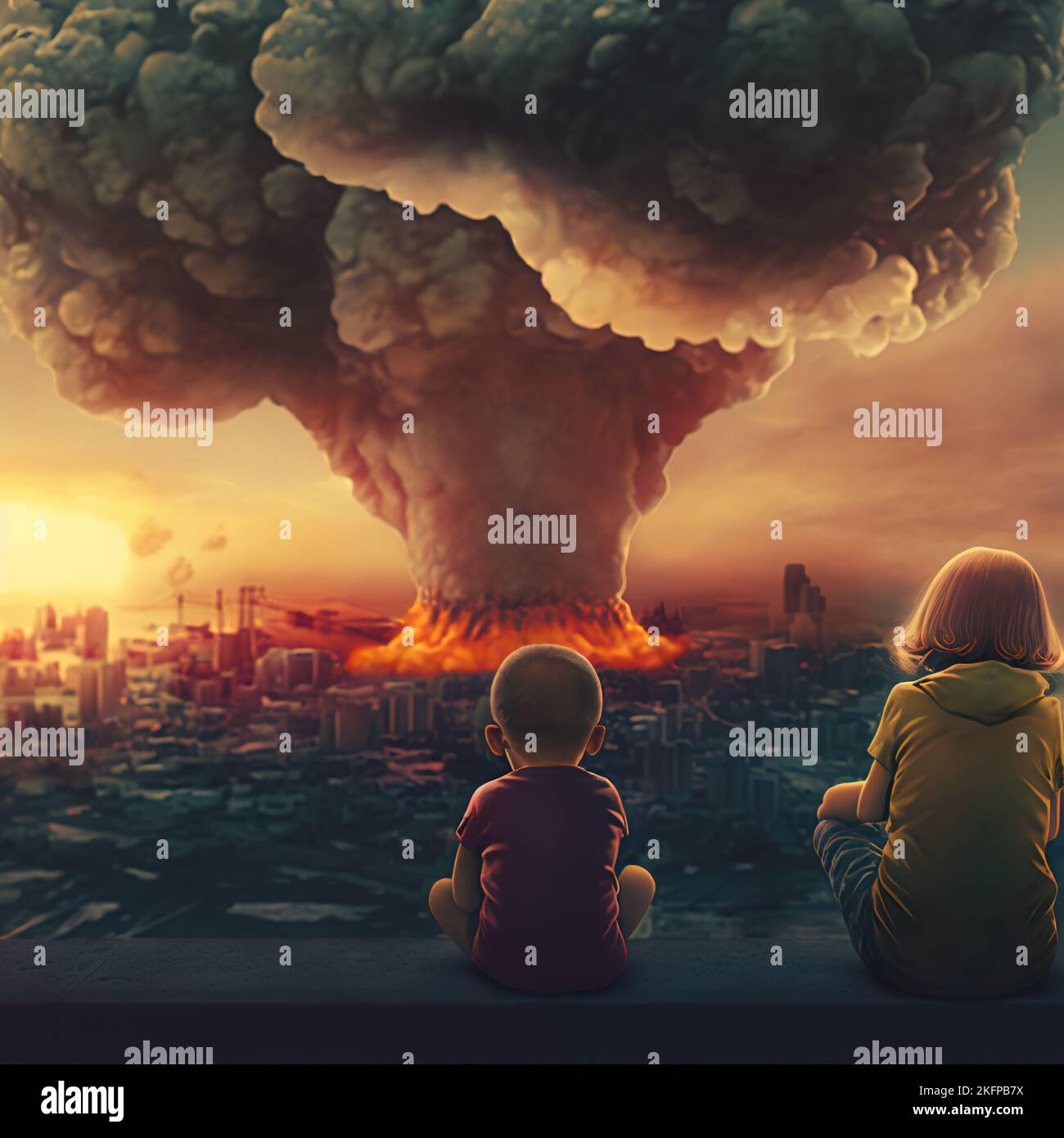 A 3D render of children sitting by watching burning fires during an ...