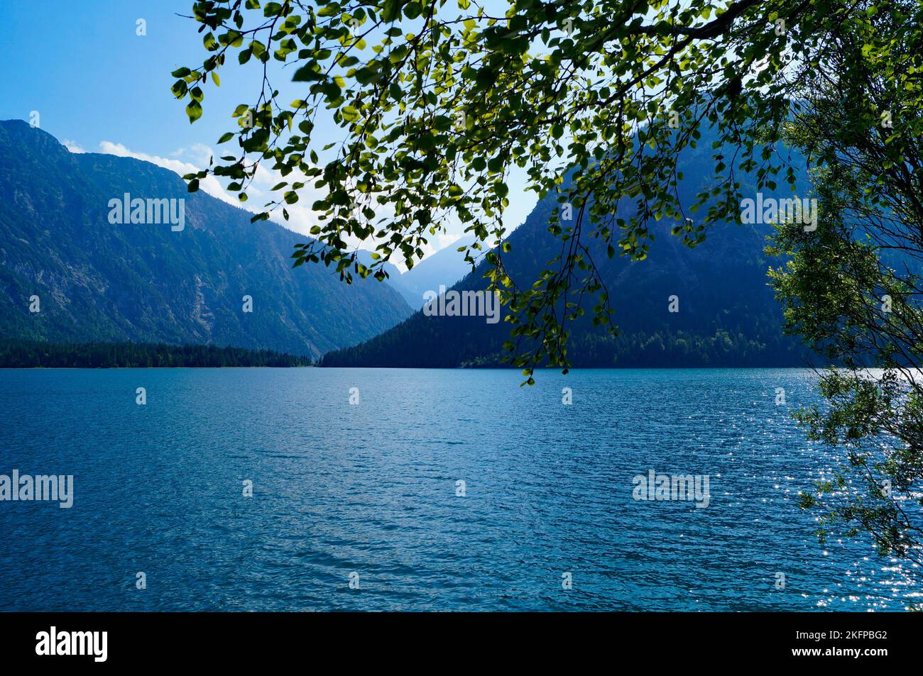 turquoise alpine lake Plansee in the scenic Austrian Alps on a sunny ...