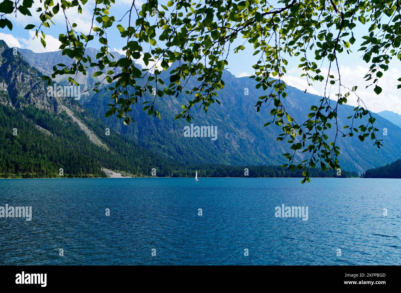 turquoise alpine lake Plansee in the scenic Austrian Alps on a sunny ...