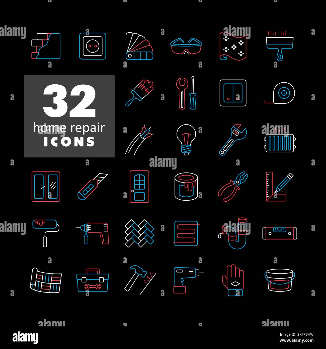 Set of building construction and home repair on dark background icons ...