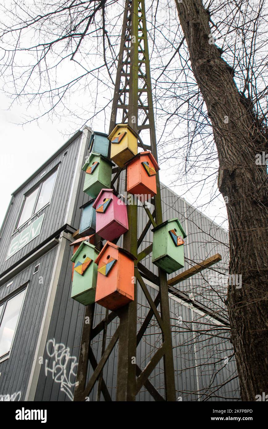 Decorated and colourful bird boxes in Copenhagen, Denmark ...
