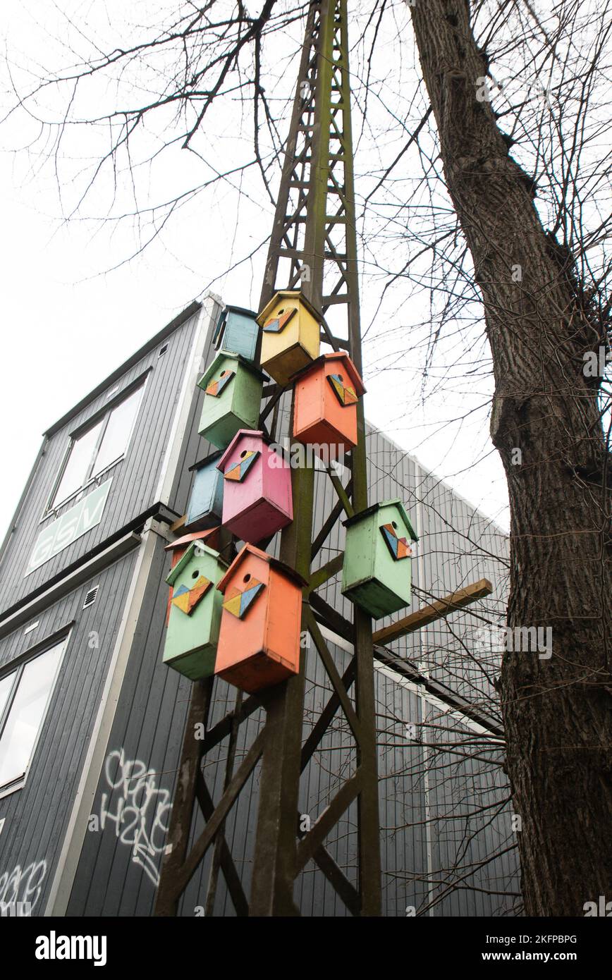 Decorated and colourful bird boxes in Copenhagen, Denmark ...