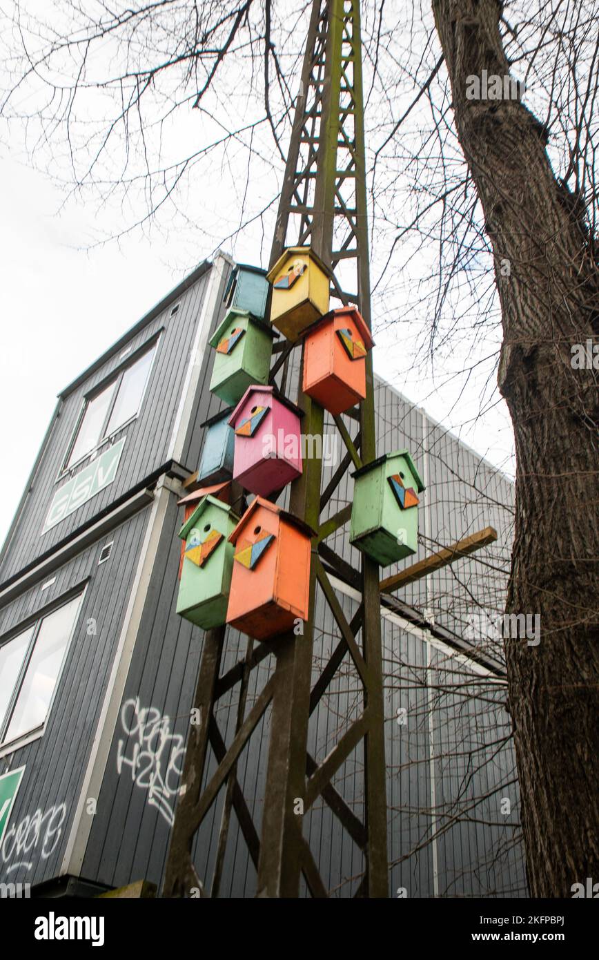 Decorated and colourful bird boxes in Copenhagen, Denmark ...