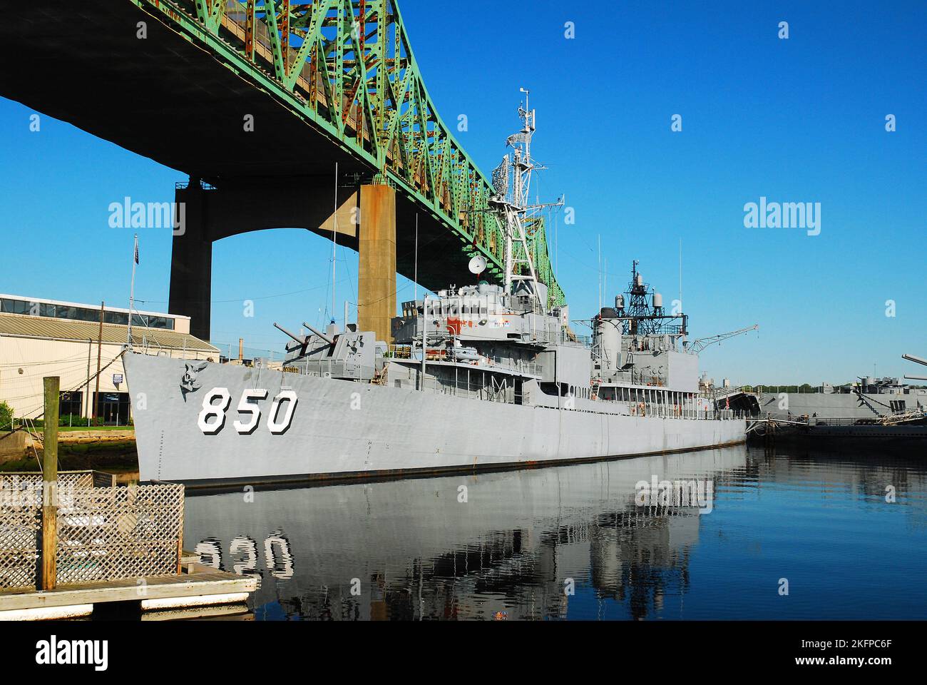 The USS Joseph P Kennedy sits under a bridge at the Fall River Heritage ...