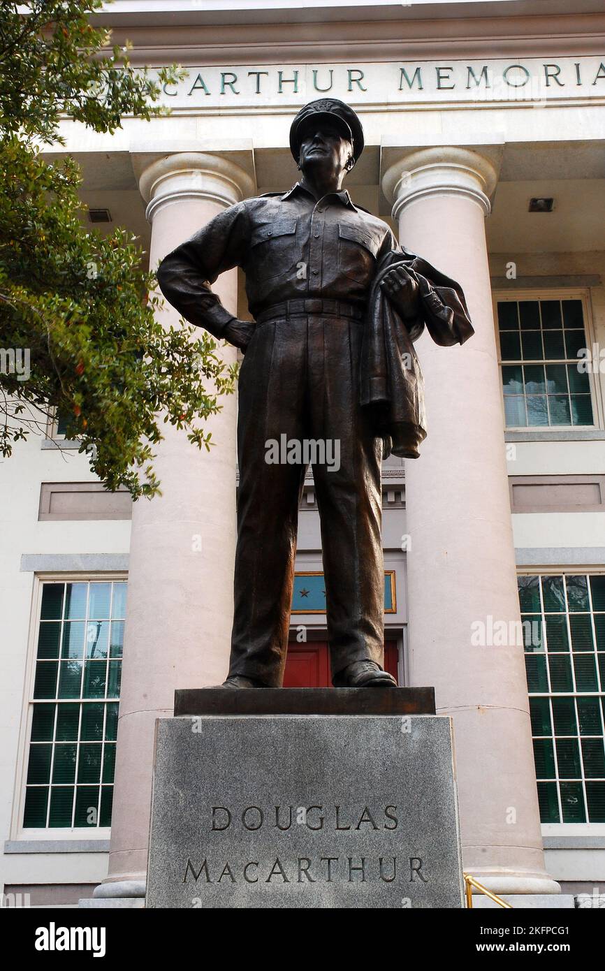 A Statue of General Douglas MacArthur stands outside the MacArthur Memorial in a museum ...