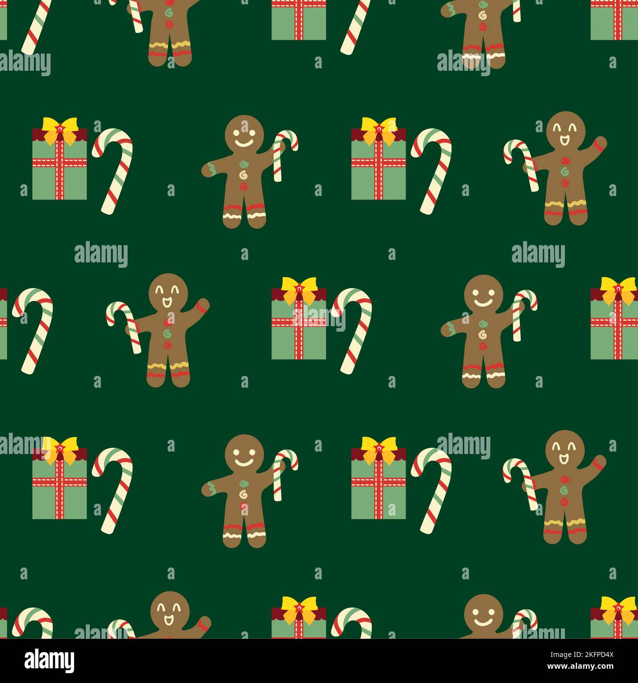 Cute gingerbread men, candy canes, presents seamless vector pattern ...