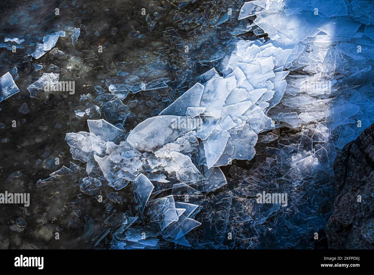 Ice surface of the river. The texture of fragments of ice and water ...