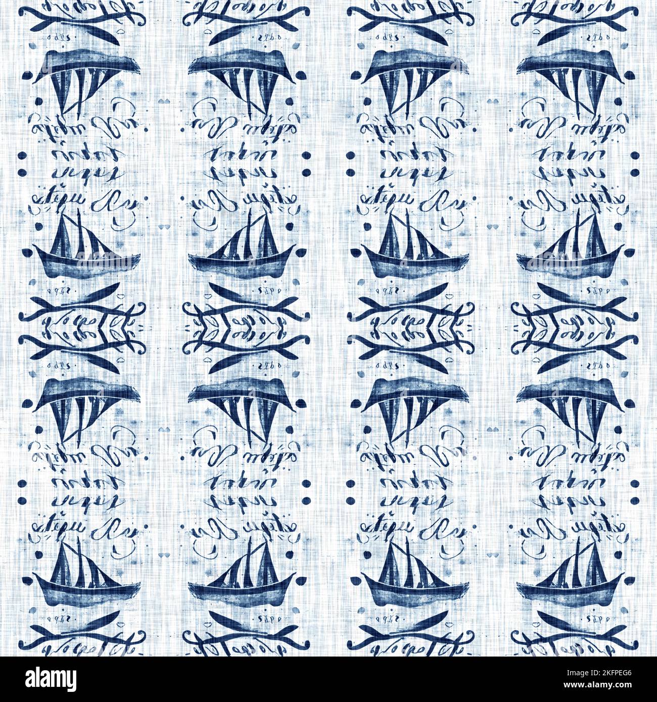 Indigo Dye Wash Coastal Damask Quilt Seamless Pattern. Washed out ...