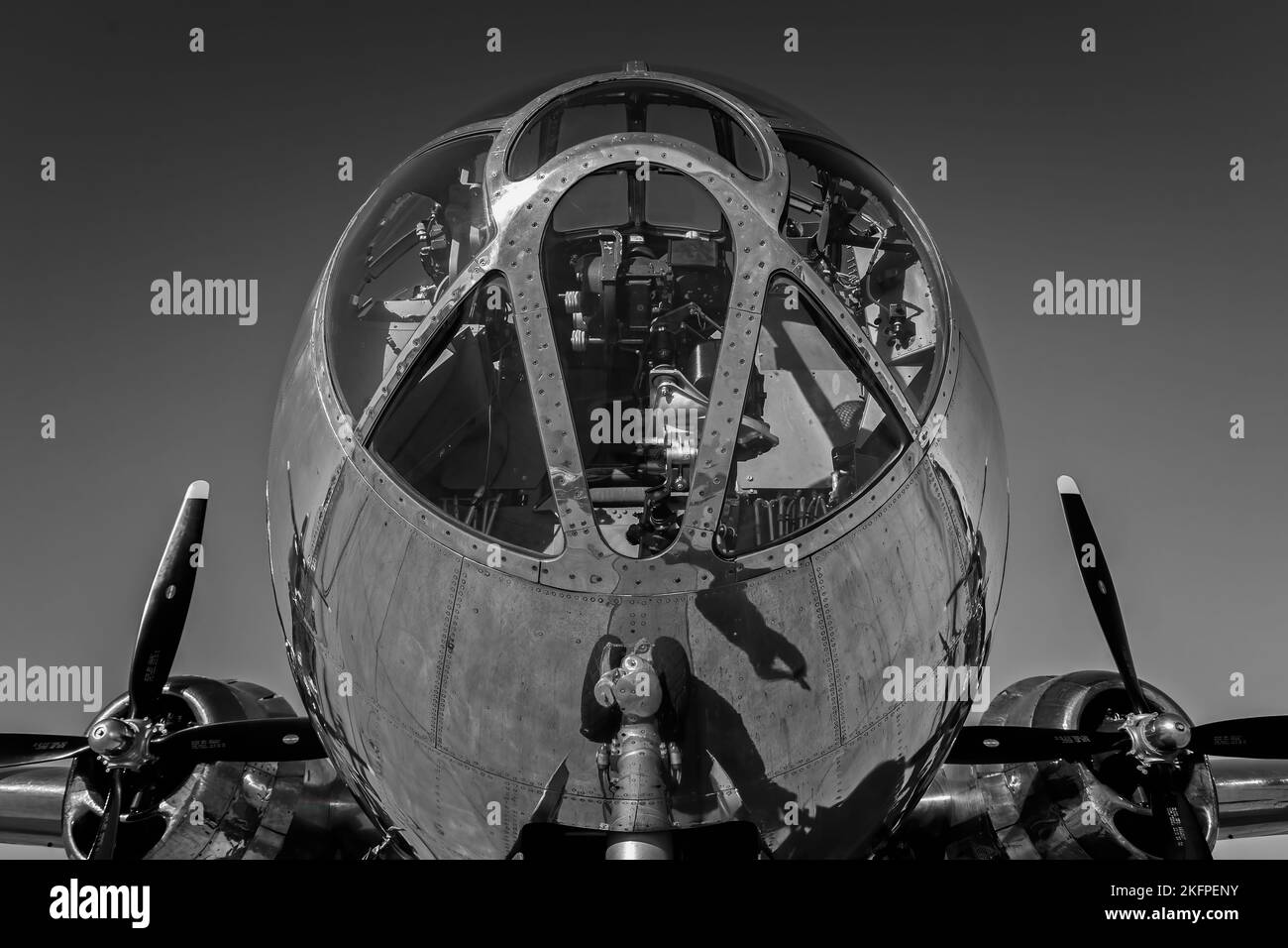 Sunlight shines in to the cockpit of a Second World War bomber sitting ...