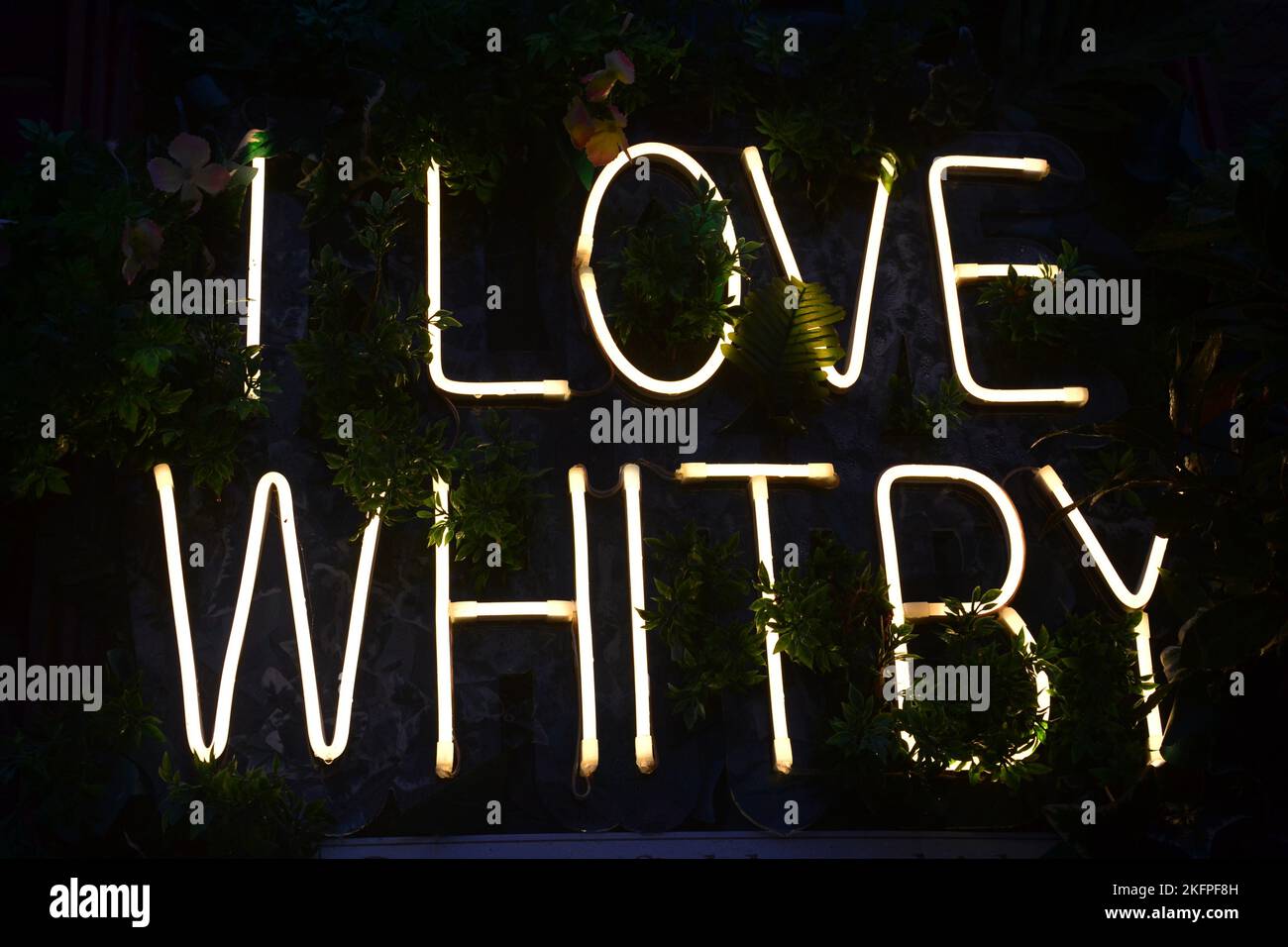 Illuminated sign "I love Whitby", outside a business in Whitby in North ...