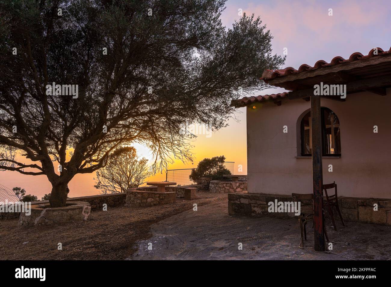 Sunset at St. Nicholas church on the mountain near Pylos in Messinia ...
