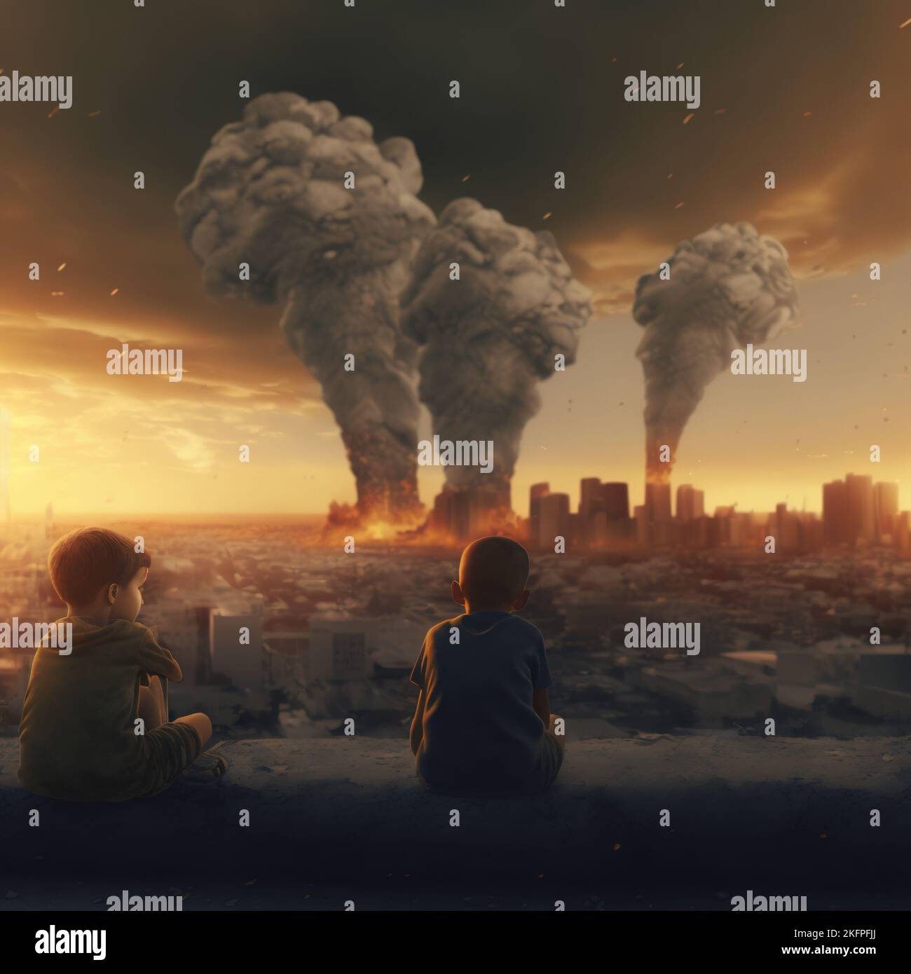 A 3D render of children sitting by watching burning fires during an ...