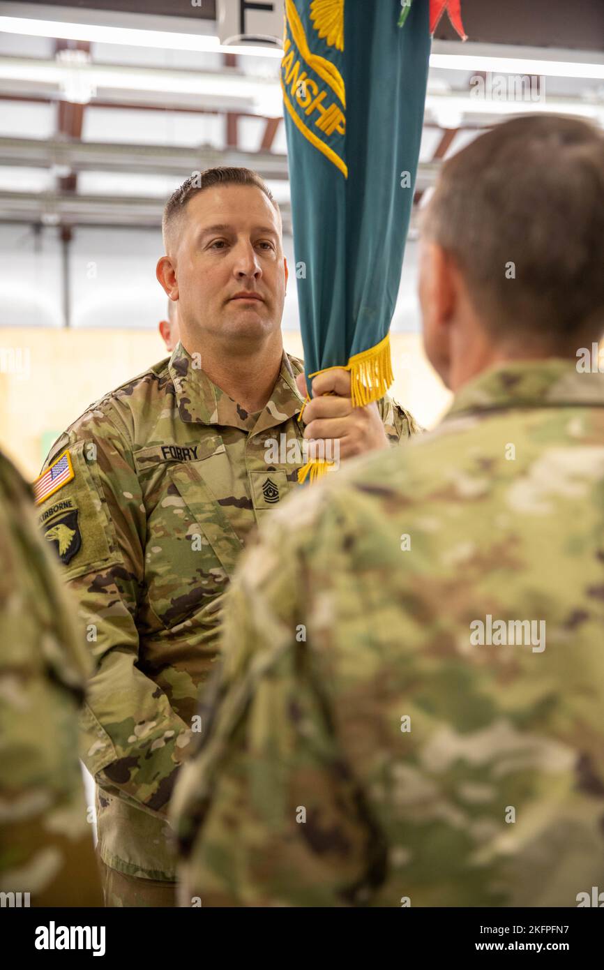 Command Sgt. Maj. Aaron Forry, the outgoing battalion command sergeant major for the U.S. Army ...