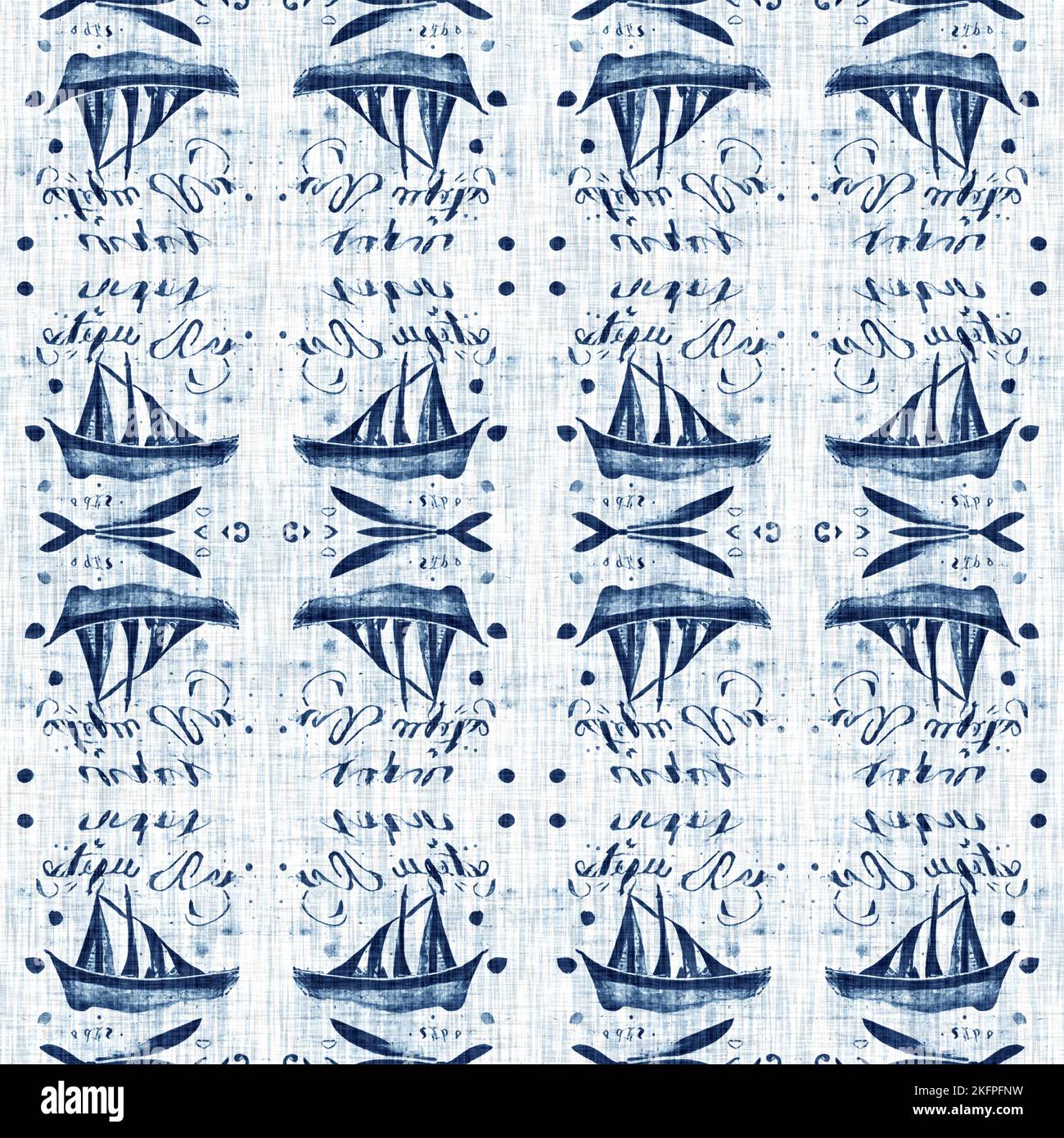Indigo Dye Wash Coastal Damask Quilt Seamless Pattern. Washed out ...