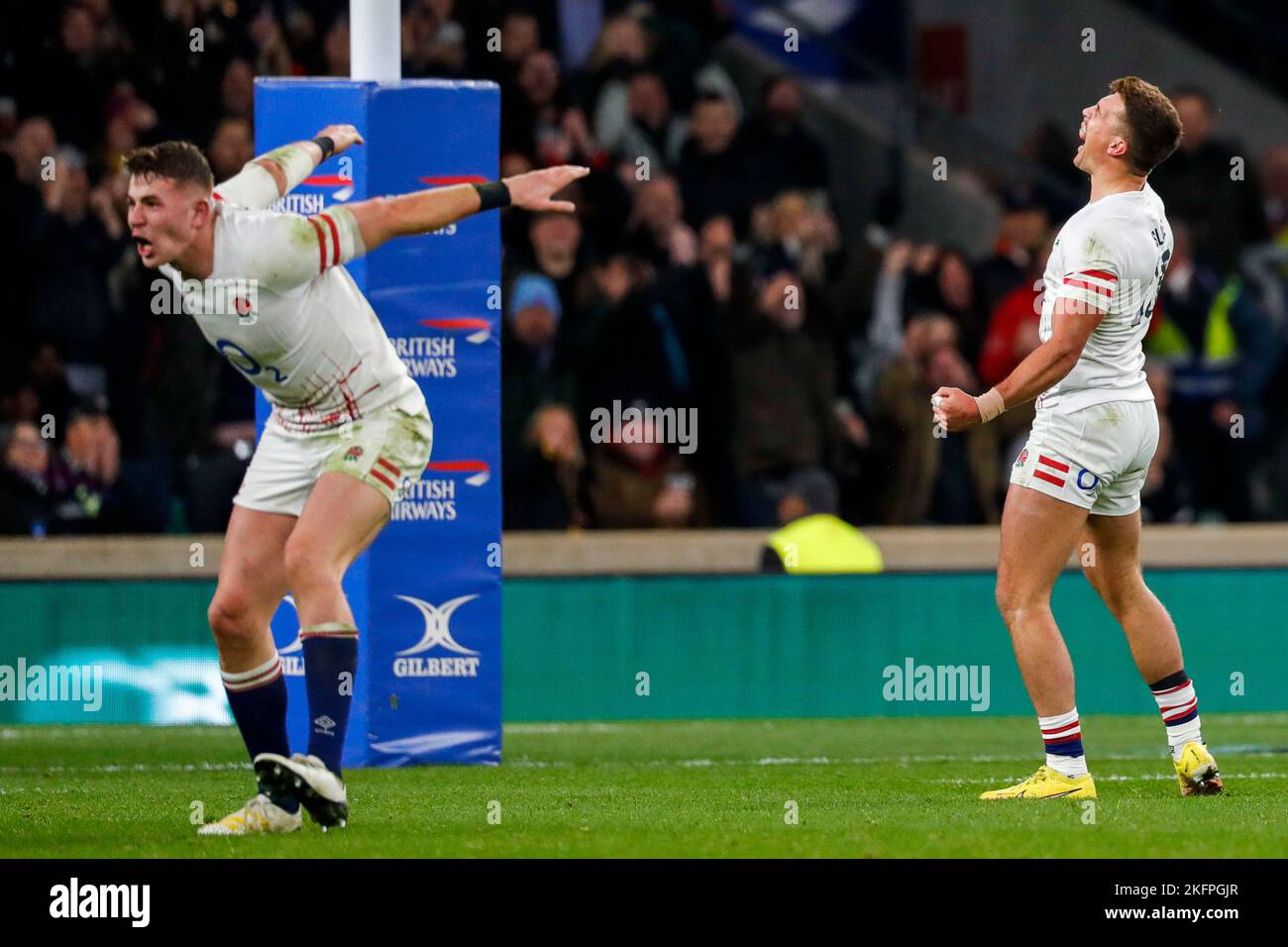 England's Freddie Steward (left) and Henry Slide celebrate after Will ...