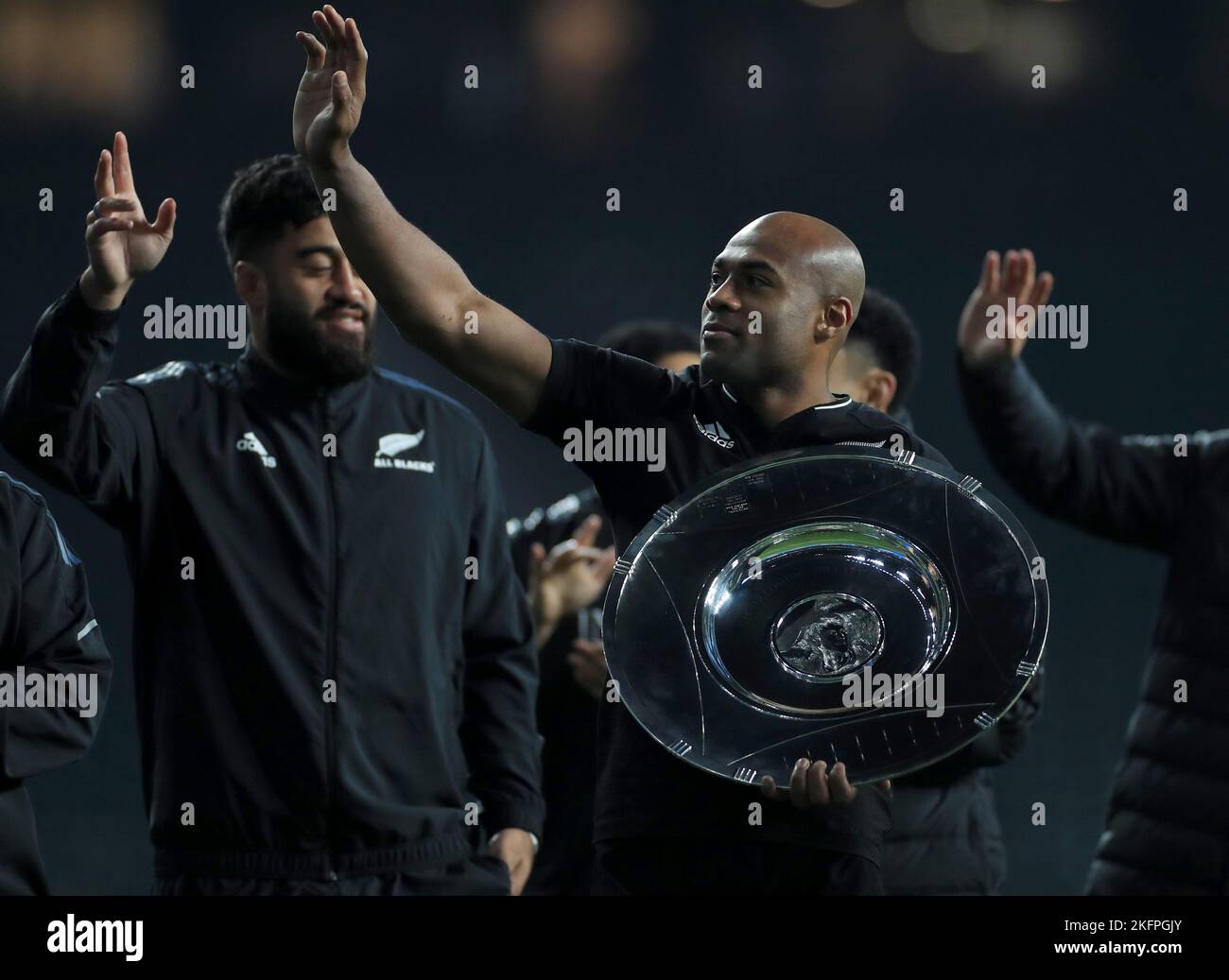 New Zealand's Mark Telea holds the Hillary Shield after the Autumn ...