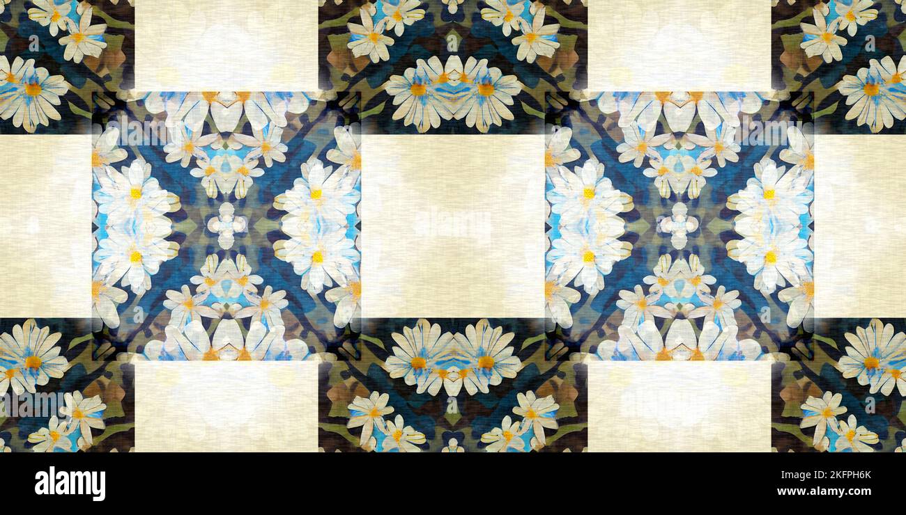 Floral patchwork quilt seamless border. Ornate geo swatch for exotic ...
