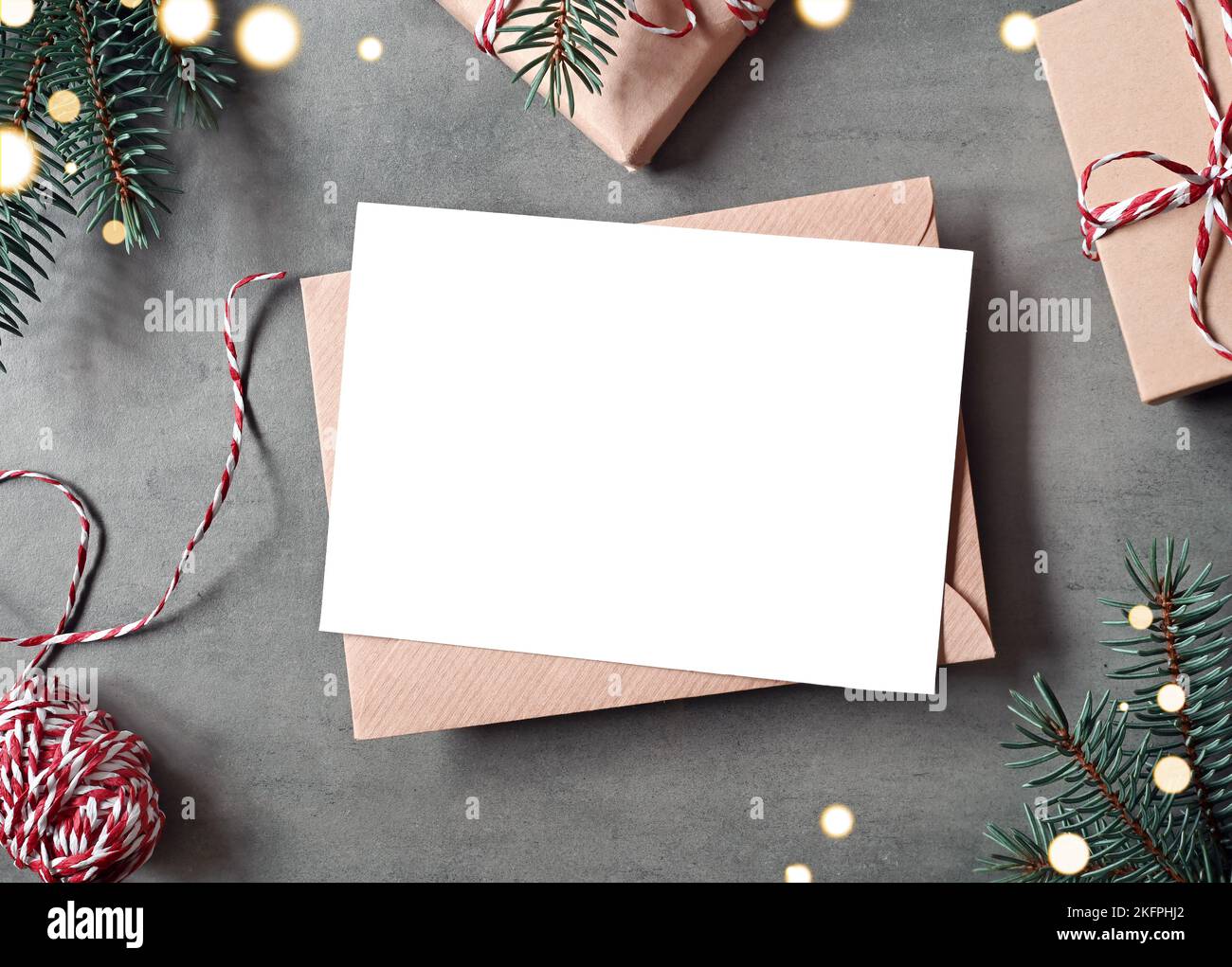 Blank white paper card with brown envelop, Christmas pine and handmade ...