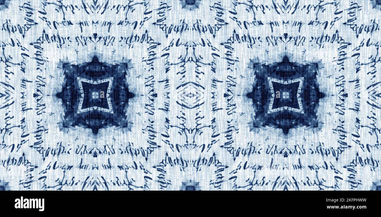 Indigo dye wash coastal damask seamless border pattern. Washed out ...