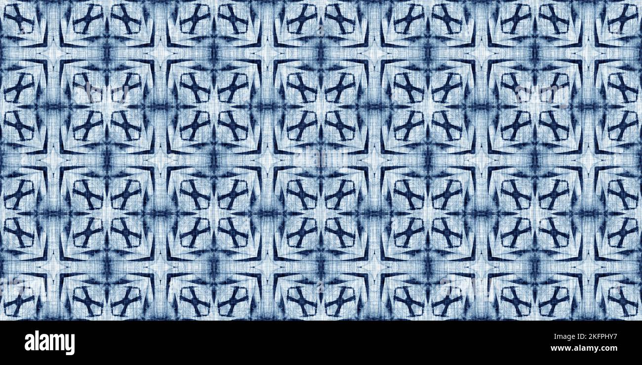 Indigo dye wash coastal damask seamless border pattern. Washed out ...