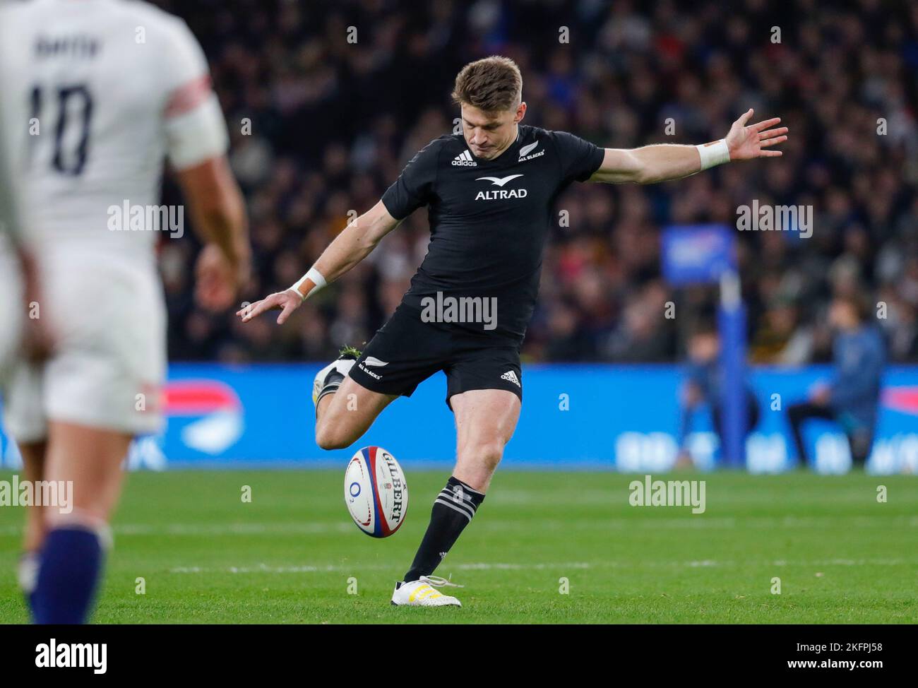 New Zealand's Beauden Barrett kicks a drop goal during the Autumn ...