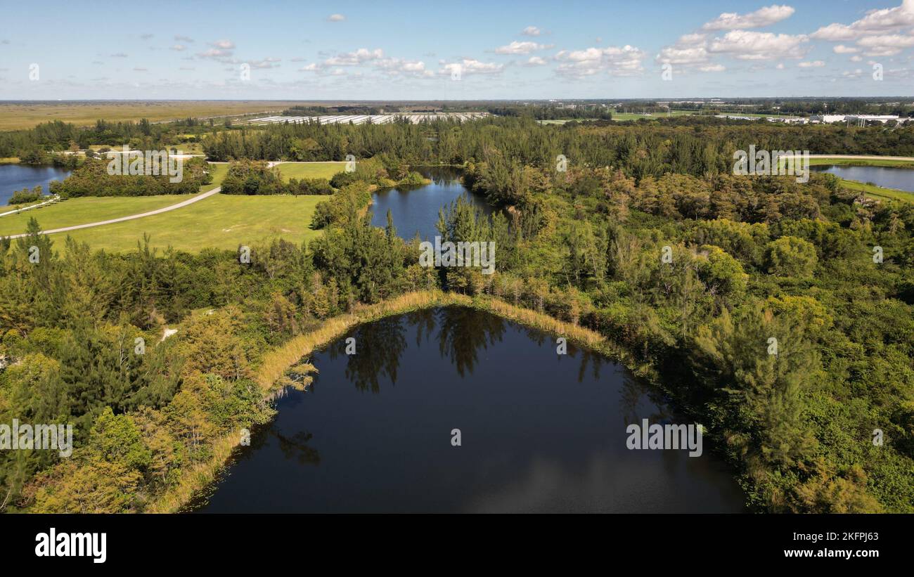 An aerial of a forest with lakes in it Stock Photo - Alamy