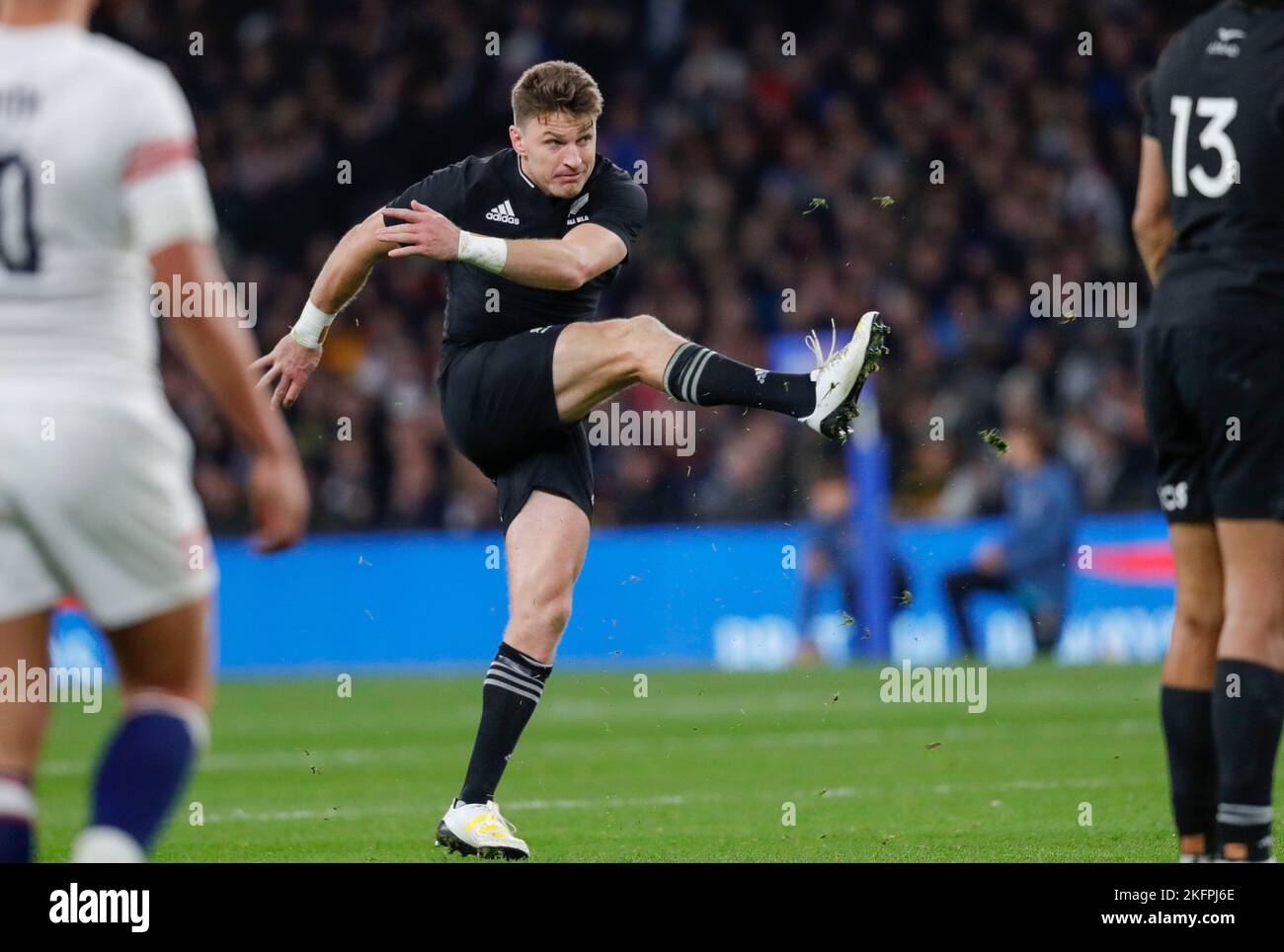 New Zealand's Beauden Barrett kicks a drop goal during the Autumn ...