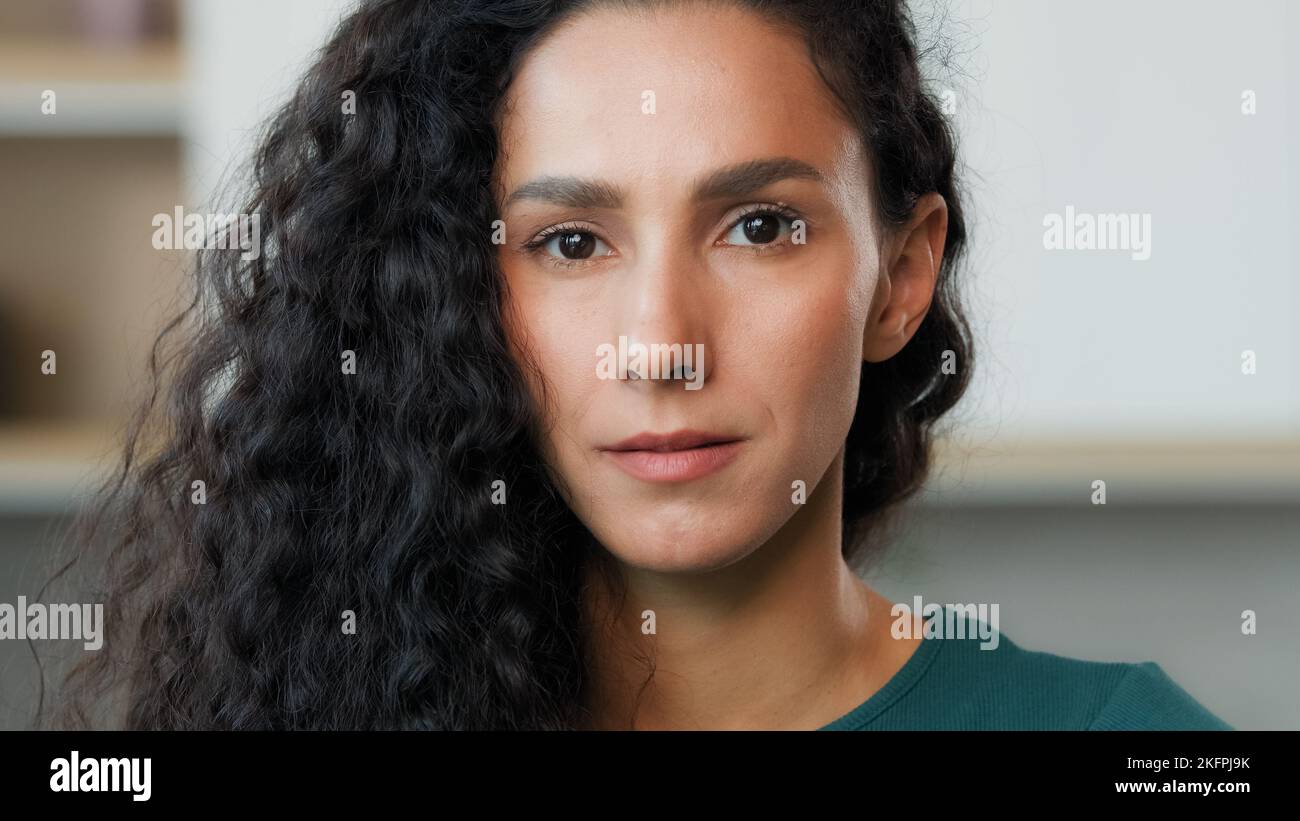 Beautiful confident curly woman refuse offer negatively wave head make ...