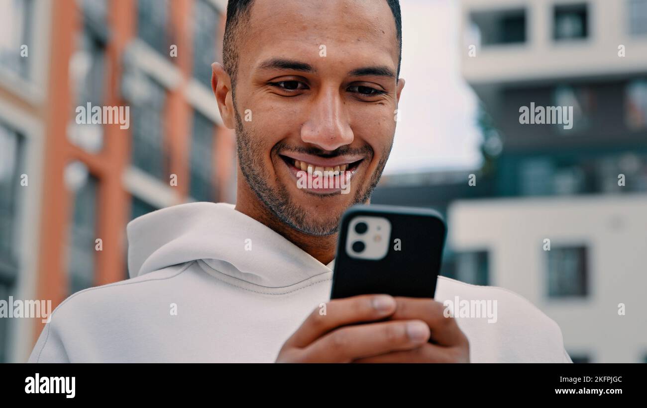 Portrait happy guy typing social hi-res stock photography and images ...