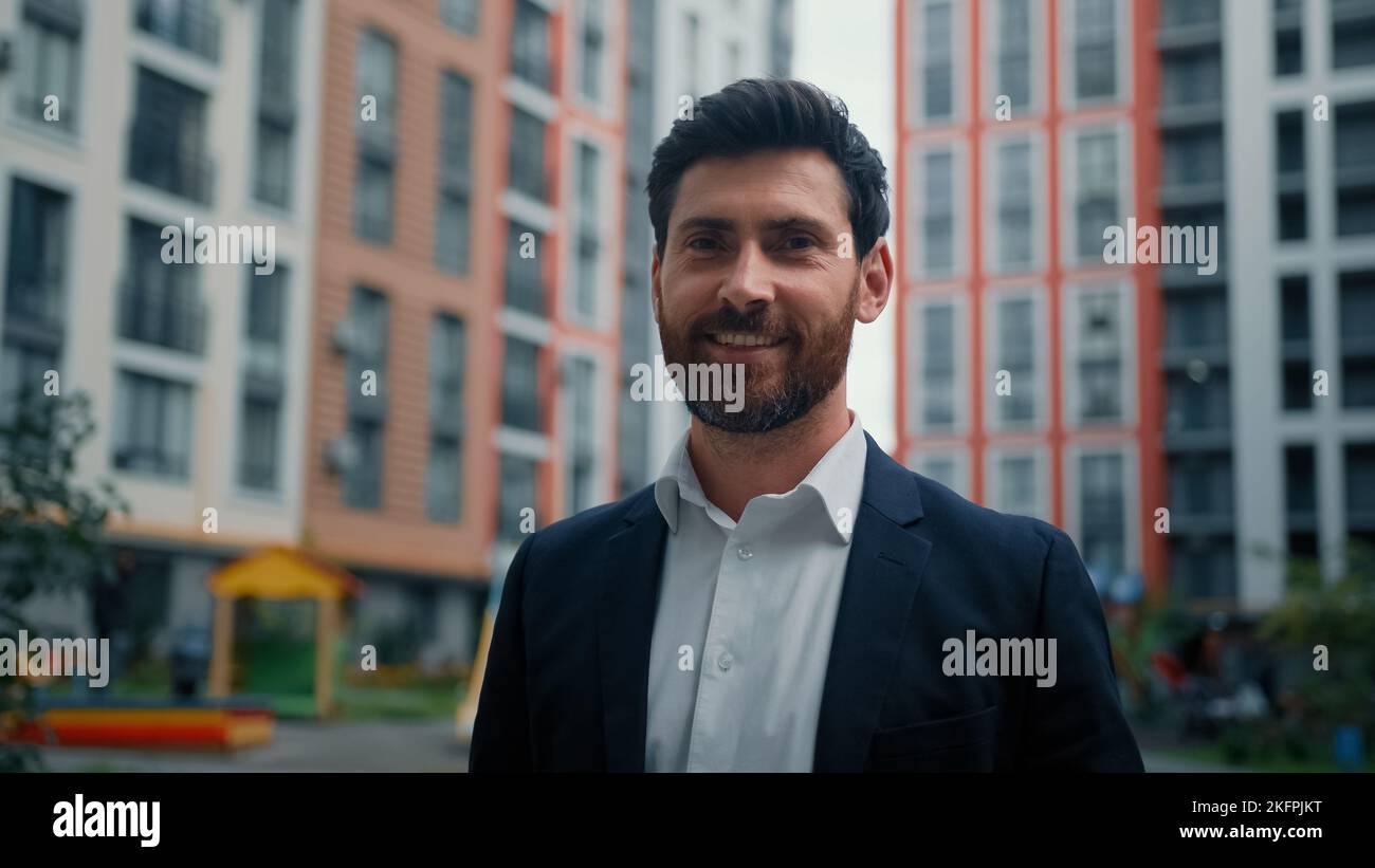 Dreamy male businessman handsome bearded caucasian 40s man business ...
