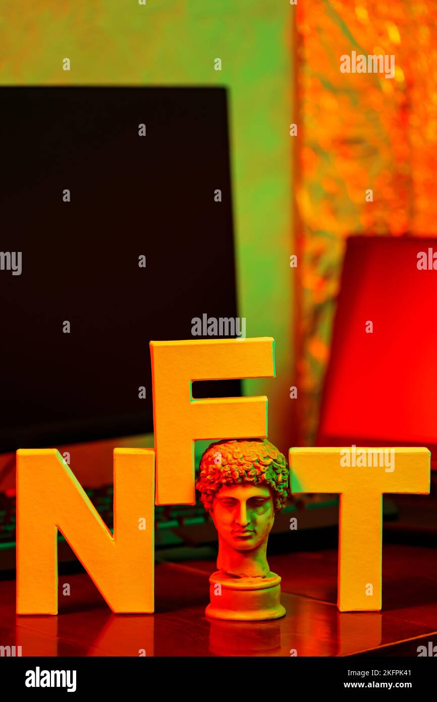NFT (Non-Fungible token) and antique sculpture in neon light. Concept ...