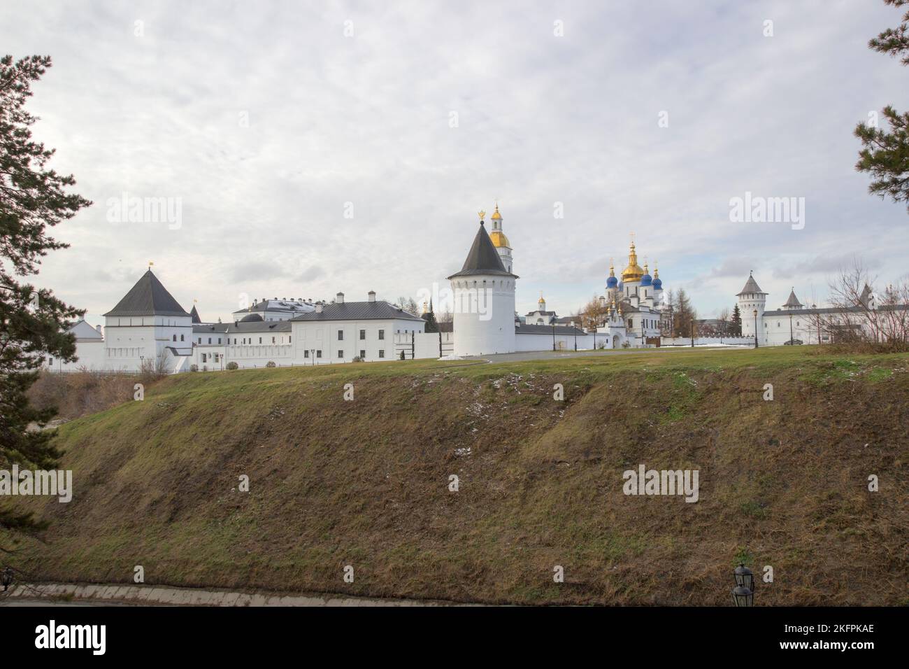 Tobolsk Kremlin. White stone towers of the fortress wall. Old Russian ...