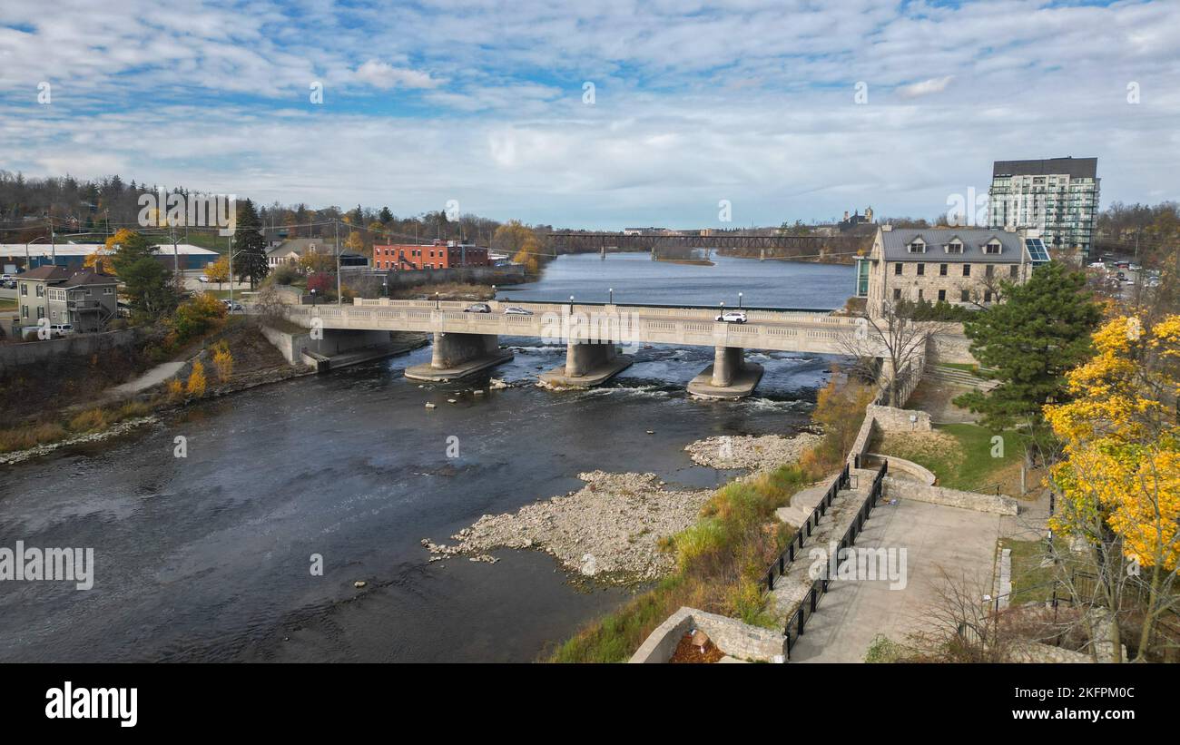 An aerial of the Grand River Pedestrian Bridge in autumn in Ontario ...