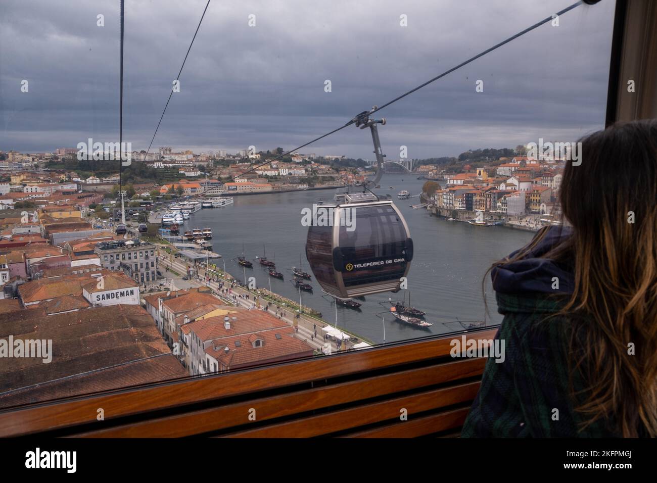 Aerial view of Porto and Douro river from Teleferico de Gaia, a cable ...