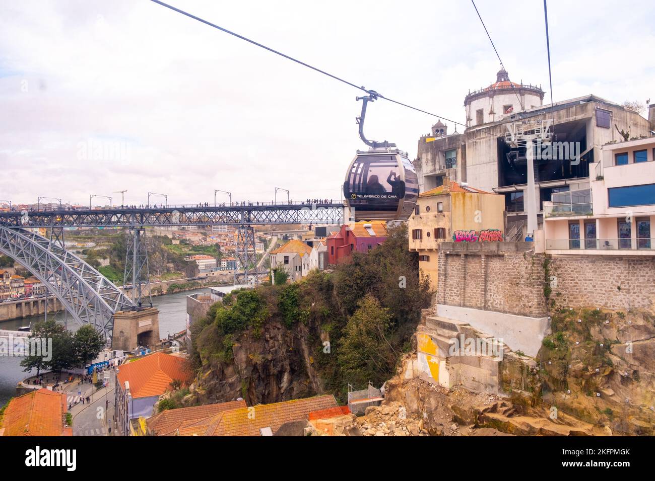 Aerial view of Porto and Douro river from Teleferico de Gaia, a cable ...