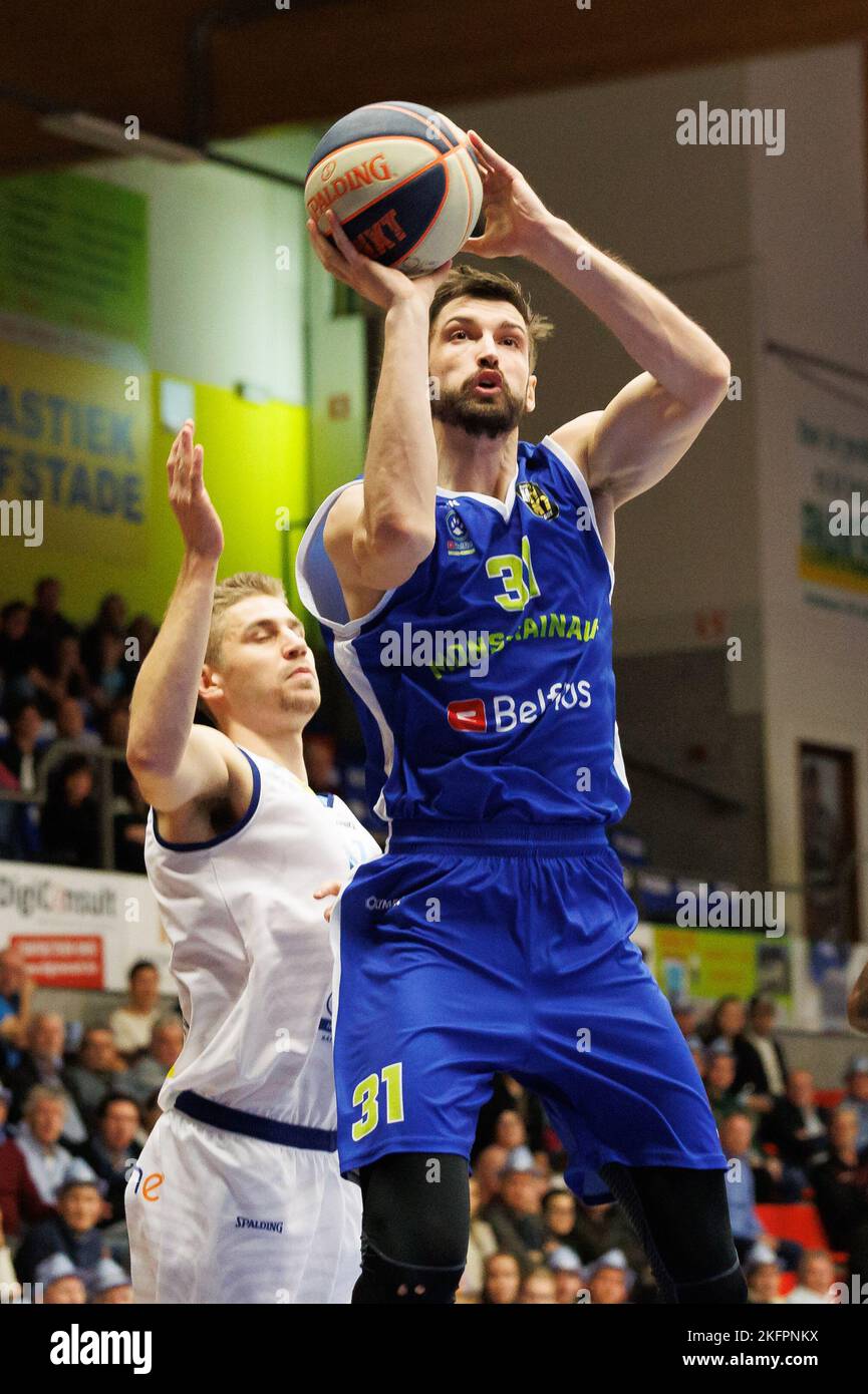 Aalst, Belgium, 19 November 2022, Aalst's Nikola Popovic and Mons' Jure ...