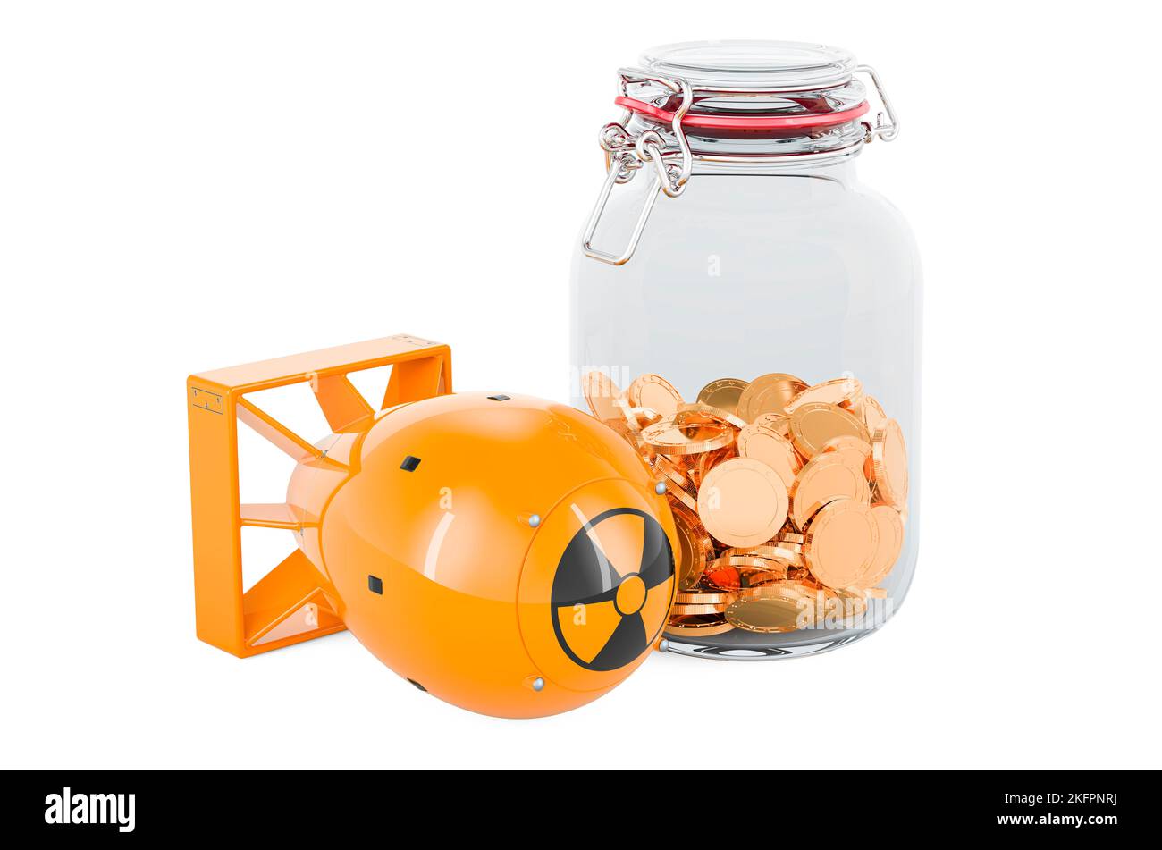 Atomic bomb with glass jar full of golden coins, 3D rendering isolated ...