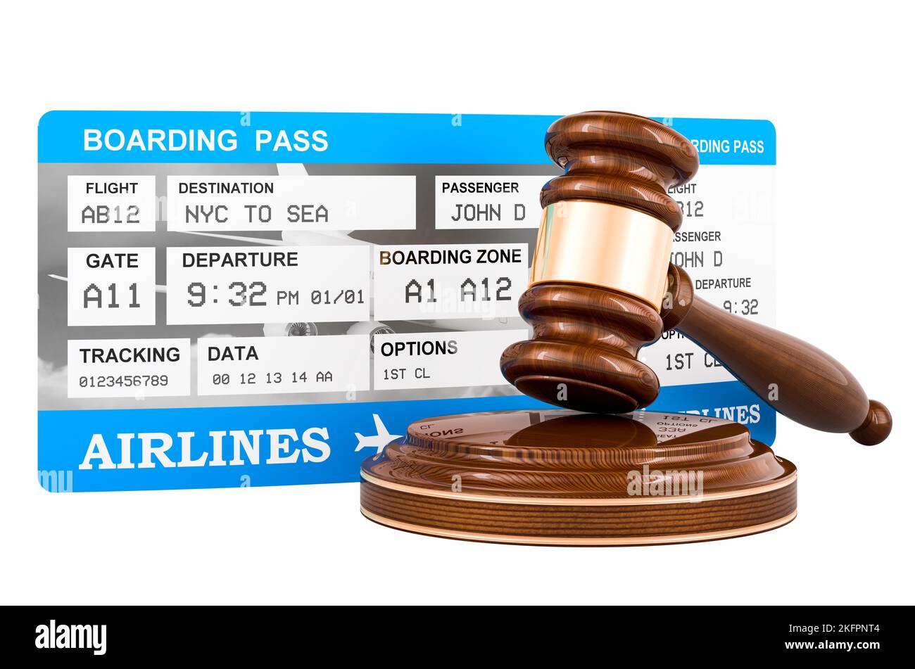 Airline boarding pass ticket with wooden gavel, 3D rendering isolated ...