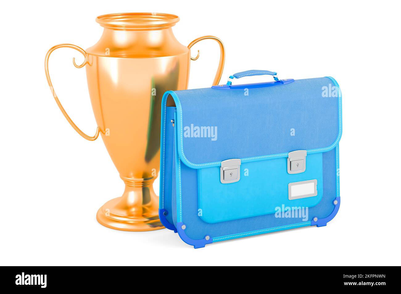 Gold trophy cup award with school bag. 3D rendering isolated on white ...