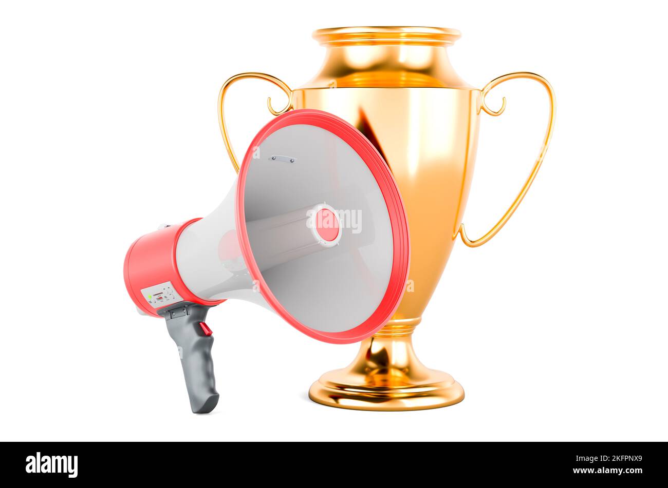 Gold trophy cup award with megaphone. 3D rendering isolated on white ...