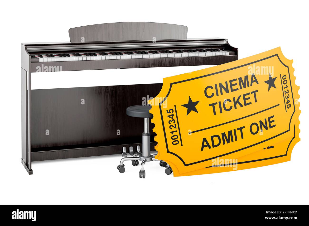 Digital piano with cinema tickets. Musicals concept, 3D rendering ...