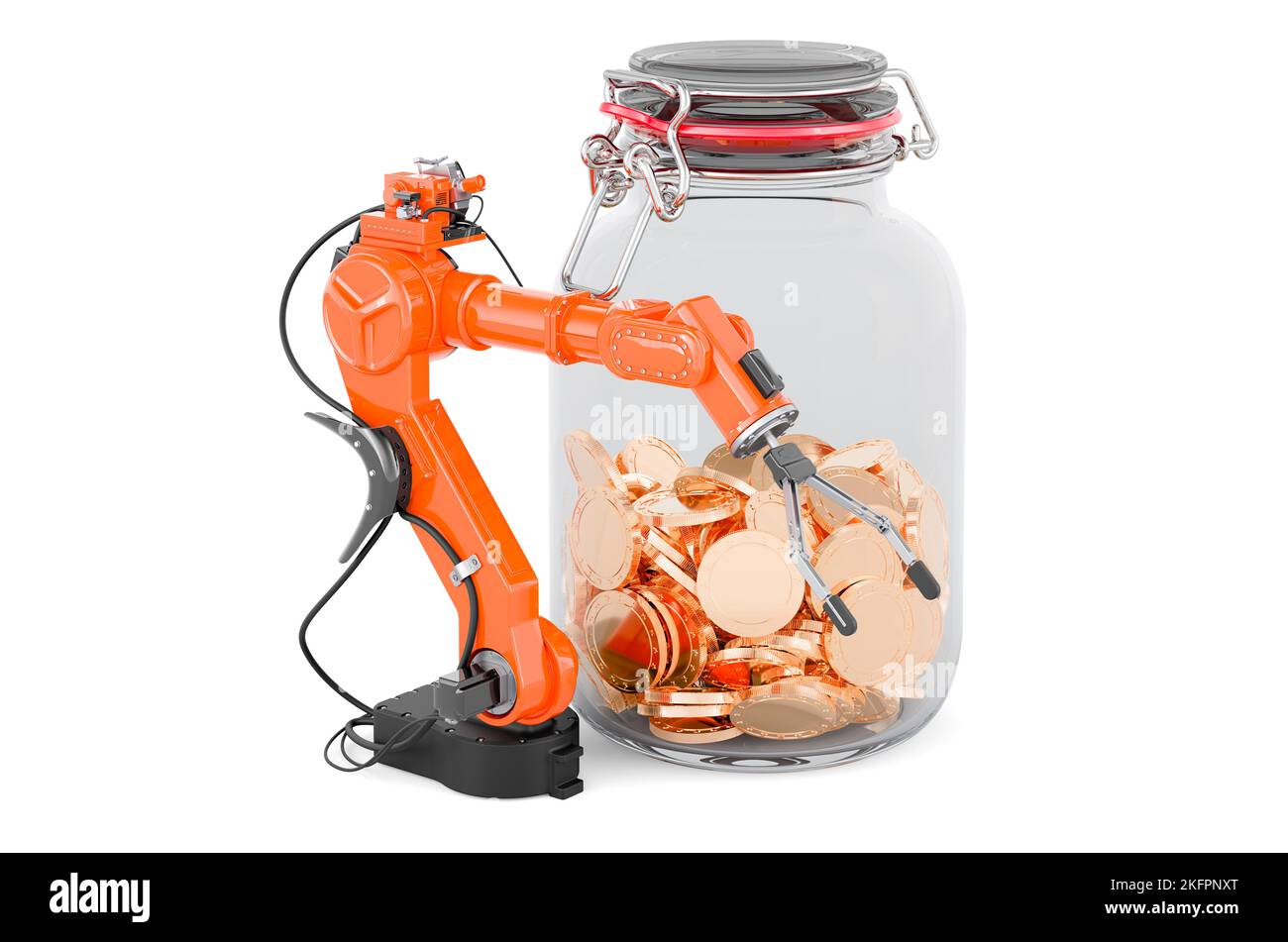 Robotic arm with jar full of golden coins, 3D rendering isolated on ...