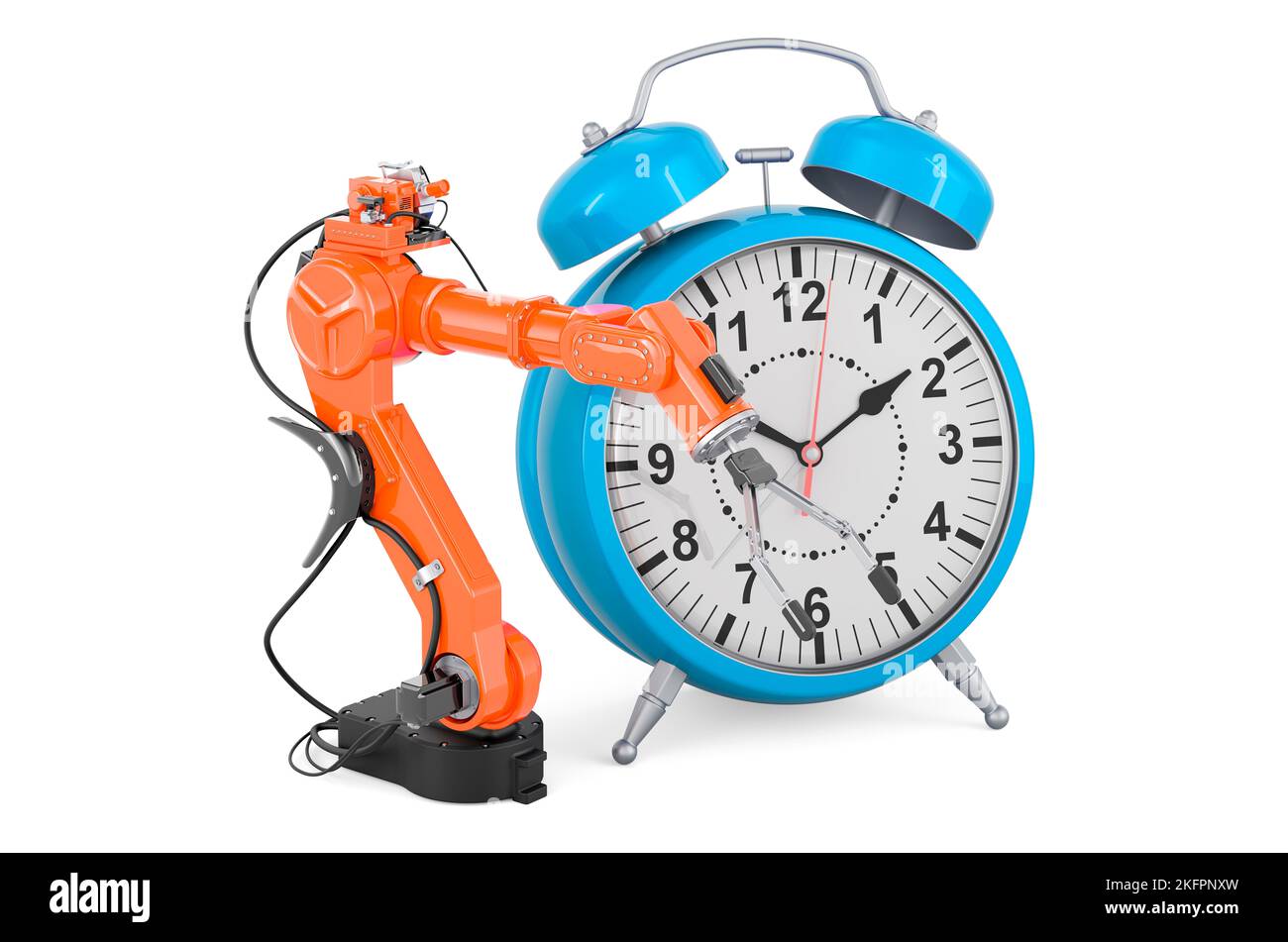 Robotic arm with alarm clock, 3D rendering isolated on white background ...