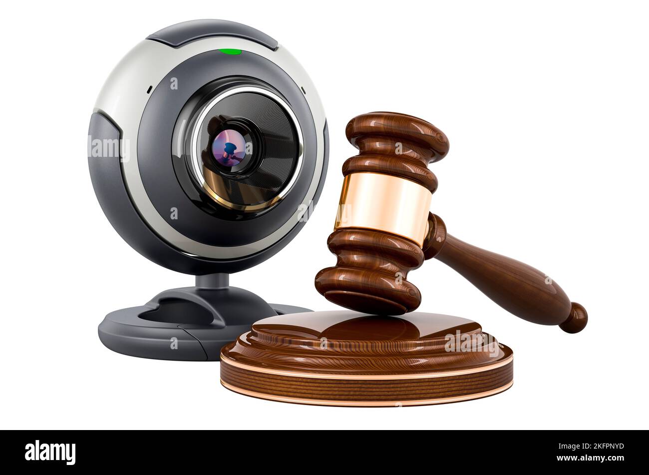 Webcam with wooden gavel, 3D rendering isolated on white background ...