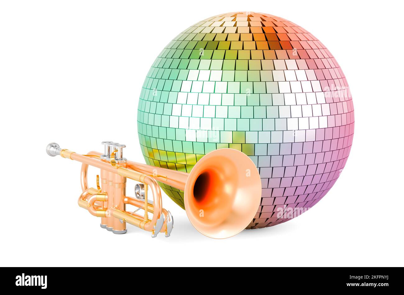 Trumpet with mirror disco ball, 3D rendering isolated on white ...