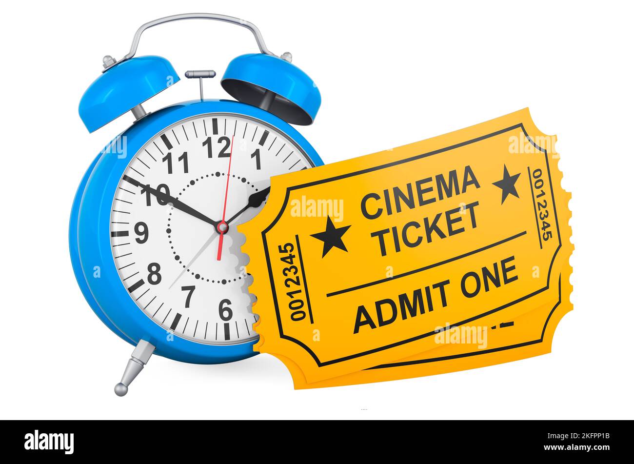 Alarm clock with cinema tickets. 3D rendering isolated on white ...